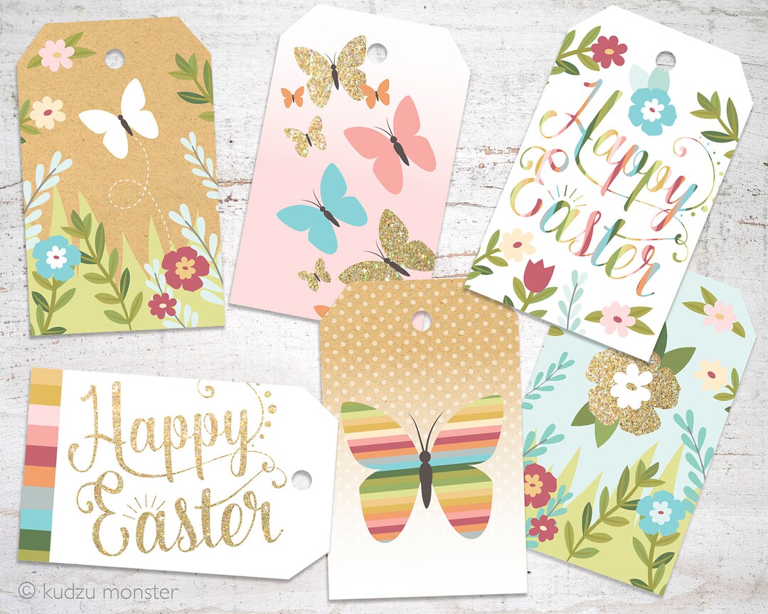 Easter Gift Tags Happy Easter Gold Glitter, Rainbow Stripes, and Kraft ...