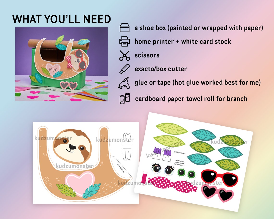 Sloth Printable Box Kit DIY Valentine Box Decor Kit for - Etsy