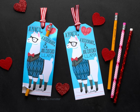 Llama Printable Valentine bookmark card for pencil valentine alpaca ...