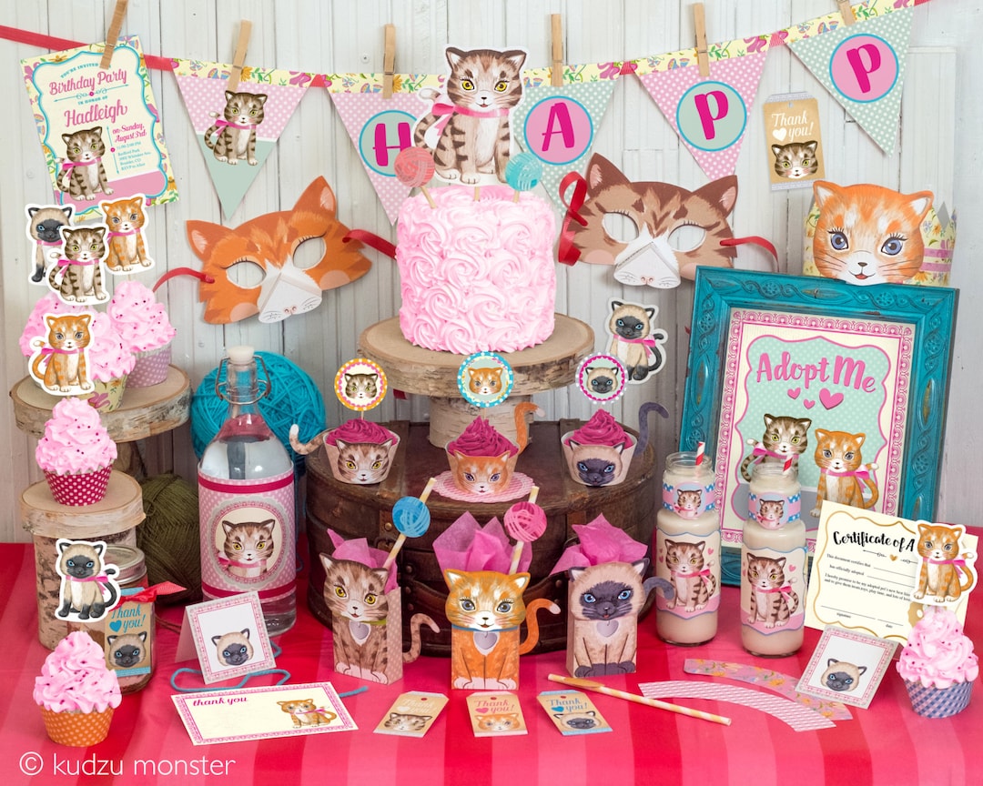 Vintage Cat Party Printable Decor, Kitten Mask, Kitty Cupcake Wrappers ...