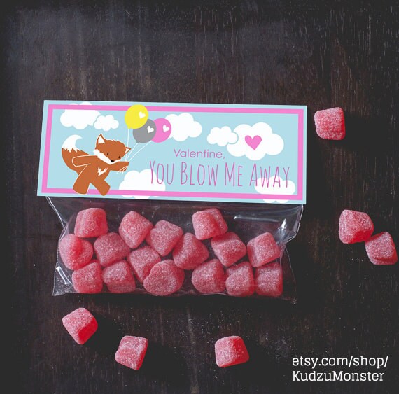 Printable treat topper valentine's day cute fox balloons sky Valentines ...