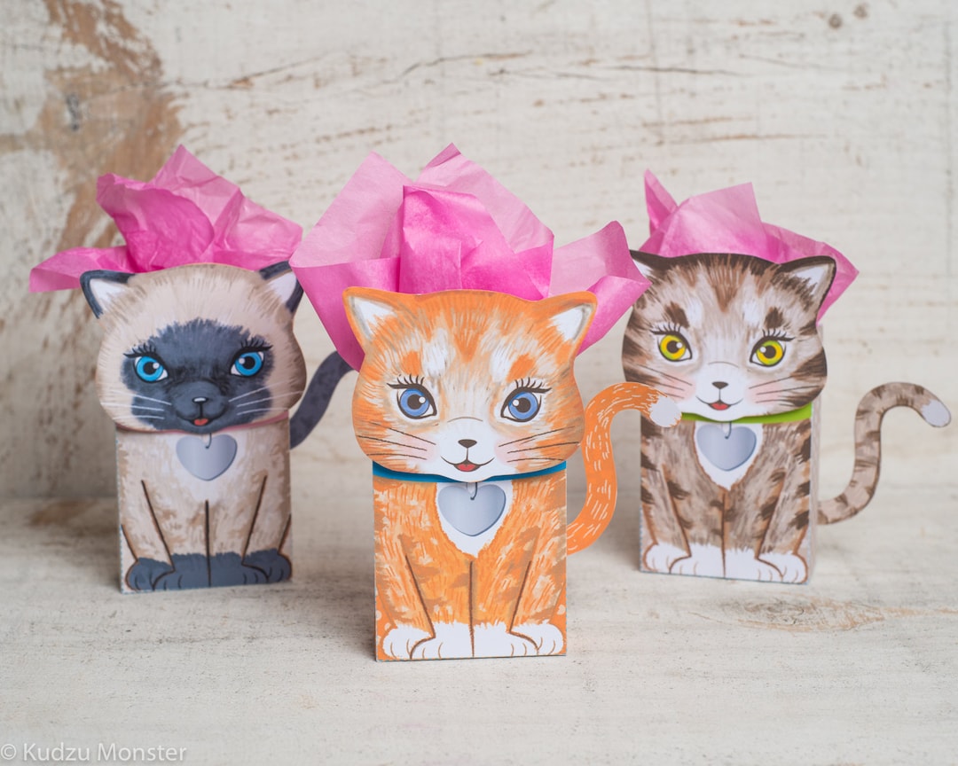 Set of 3 Printable Foldable Kitten Favor Bags for Valentine's Day Candy ...