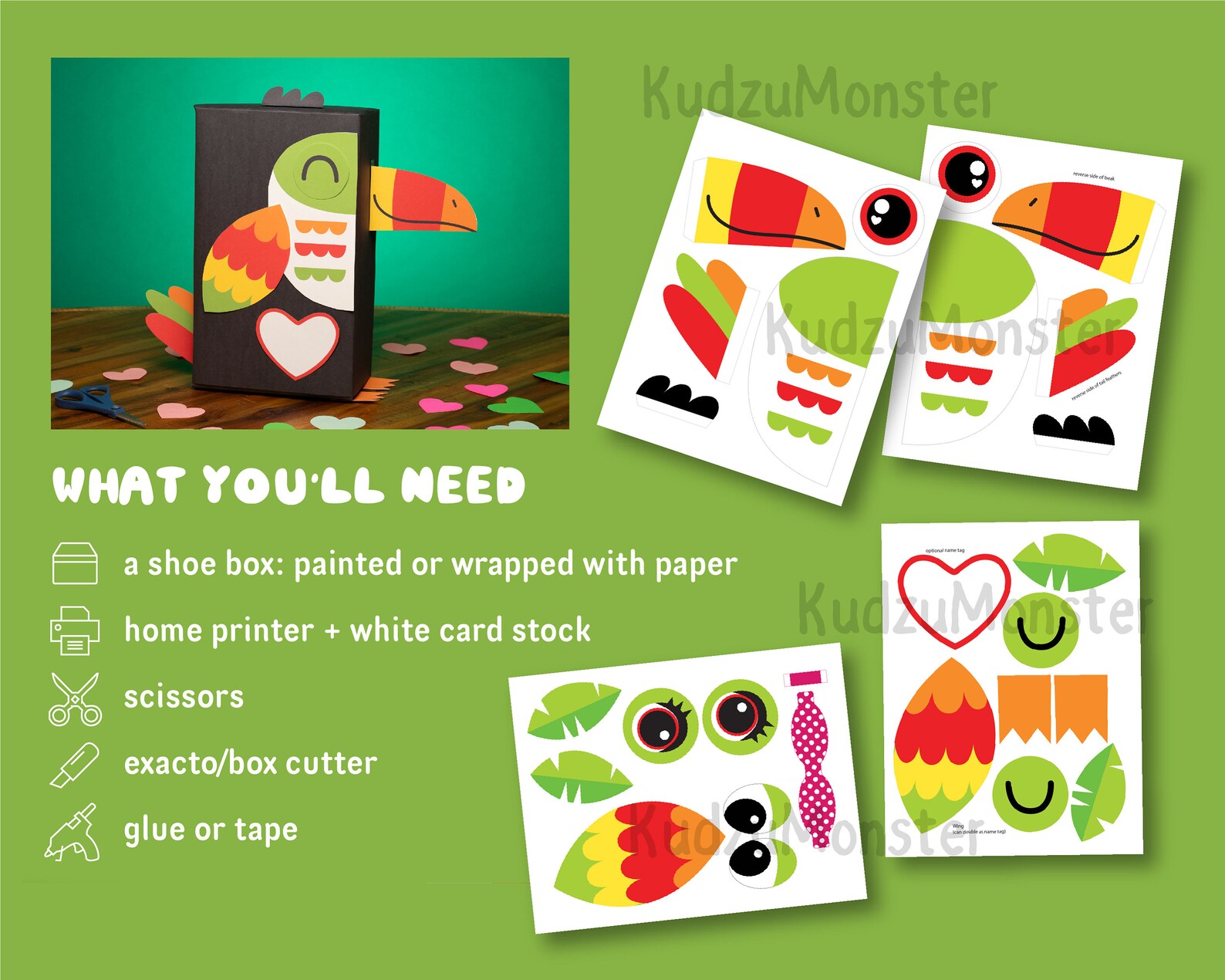 Toucan Valentine Box Printable Decor Kit, Cute Bird Valentine's Mailbox ...