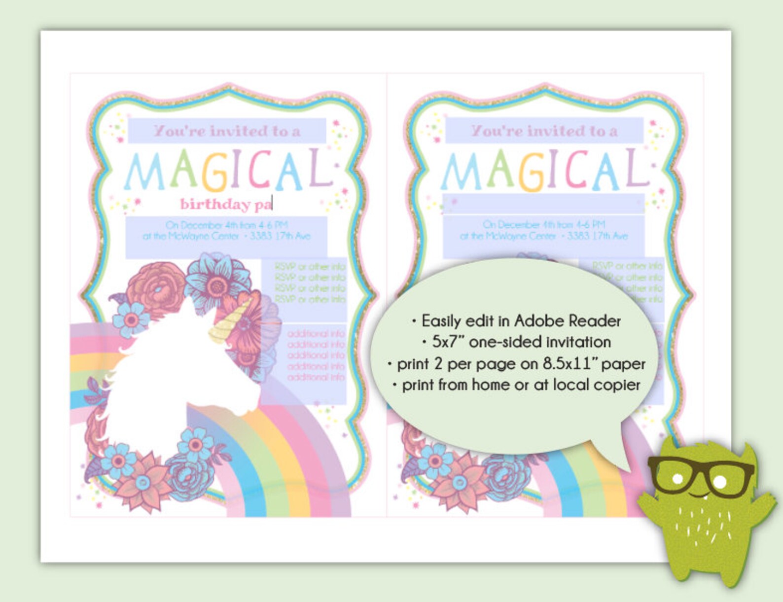 Unicorn Rainbow Gold Glitter Editable Printable Birthday Party | Etsy