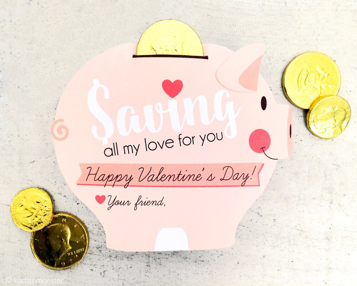 Piggy Bank Valentine Printable for Chocolate Coin Candy Saving | Etsy