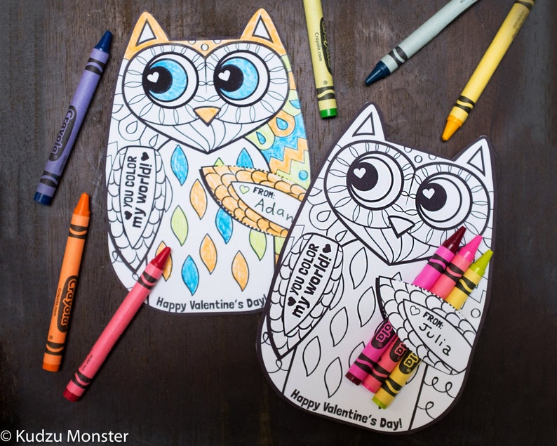 Owl Coloring Page Valentine With Crayon Holder. Cute Unique Owl ...