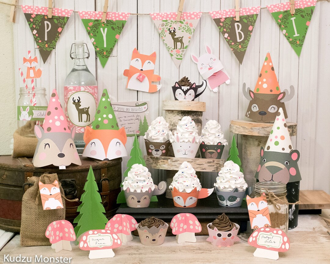 Girly Pink Woodland Party Printable Decor Kit Fox Baby Deer Raccoon ...