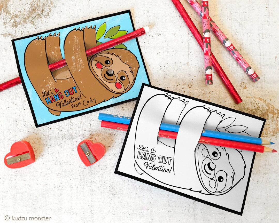 Printable Cute Sloth Valentine Colored Pencil Holder Coloring Activity ...