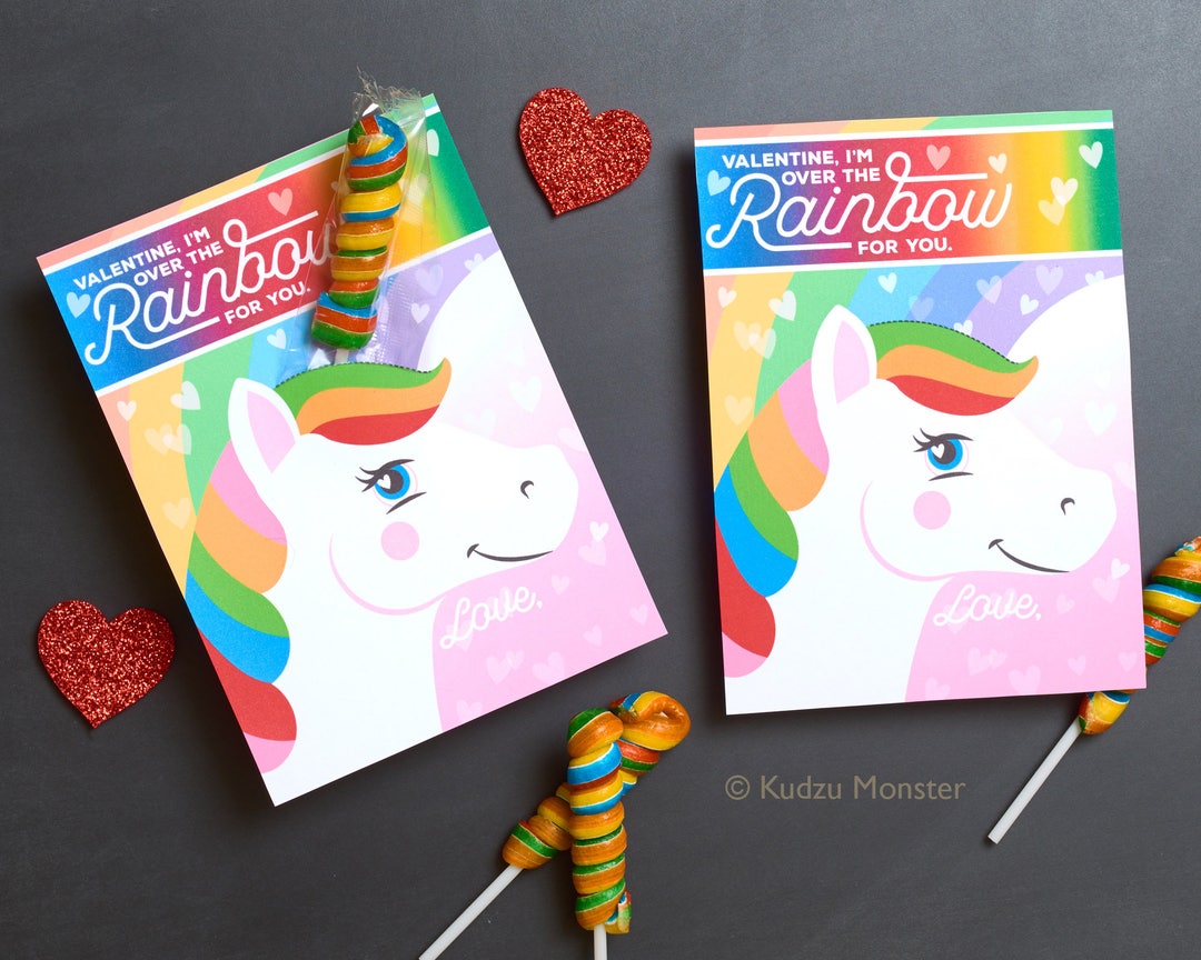 Unicorn Horn Valentine's Day Cards Twisty Rainbow Lollipop Sucker Cute ...