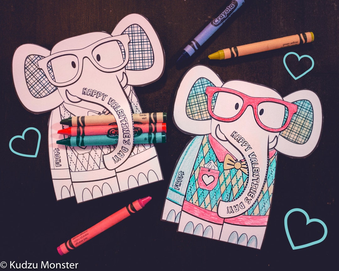Elephant Coloring Page Valentine With Crayon Holder. Cute Unique ...