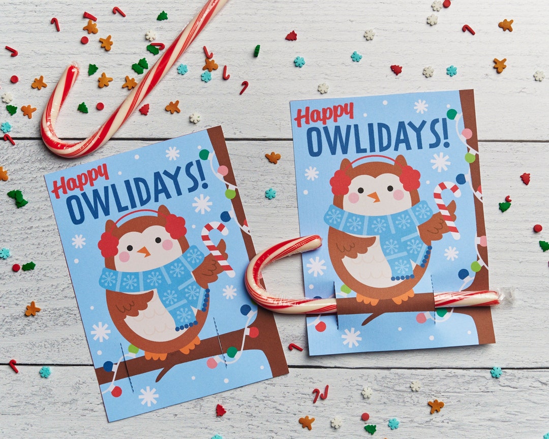 Printable Owl Candy Cane Hugger Cards | Instant Download Holiday Cards ...