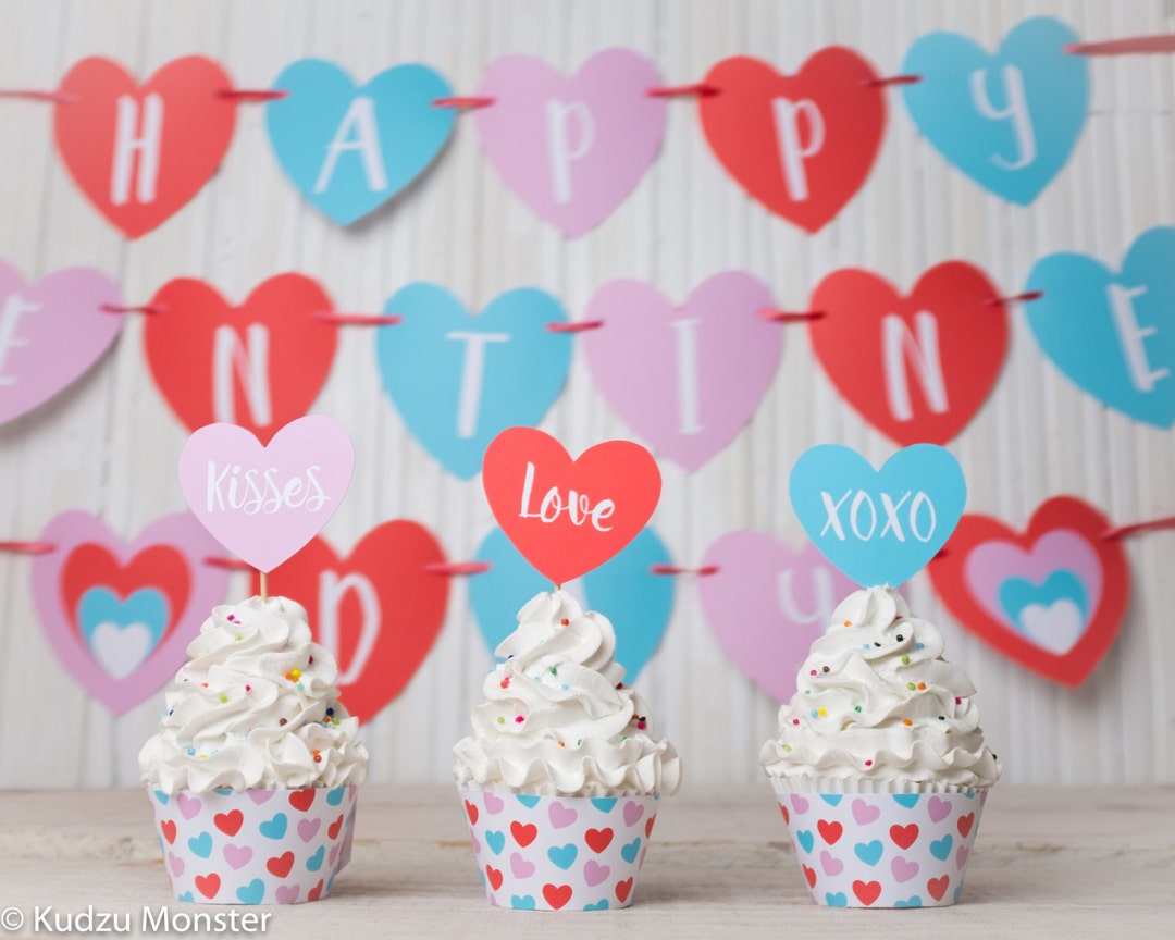 Valentines Party Printable Decor Kit Instant Download Cupcake Wrappers ...