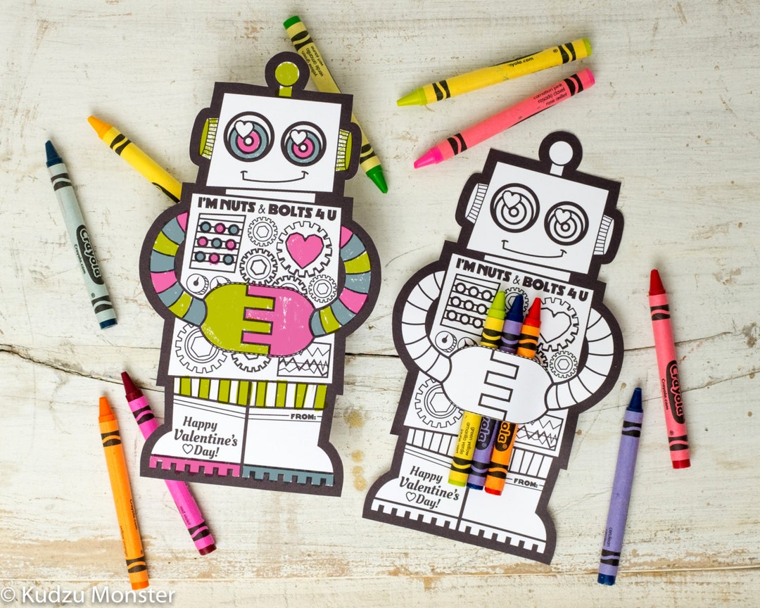 Robot Coloring Valentine With Crayon Holder. Cute Unique Non Candy ...