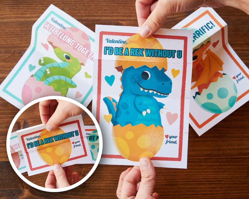 Set of 3 Baby Dino Egg Printable Valentine Cards- Cute Colorful Kid's ...