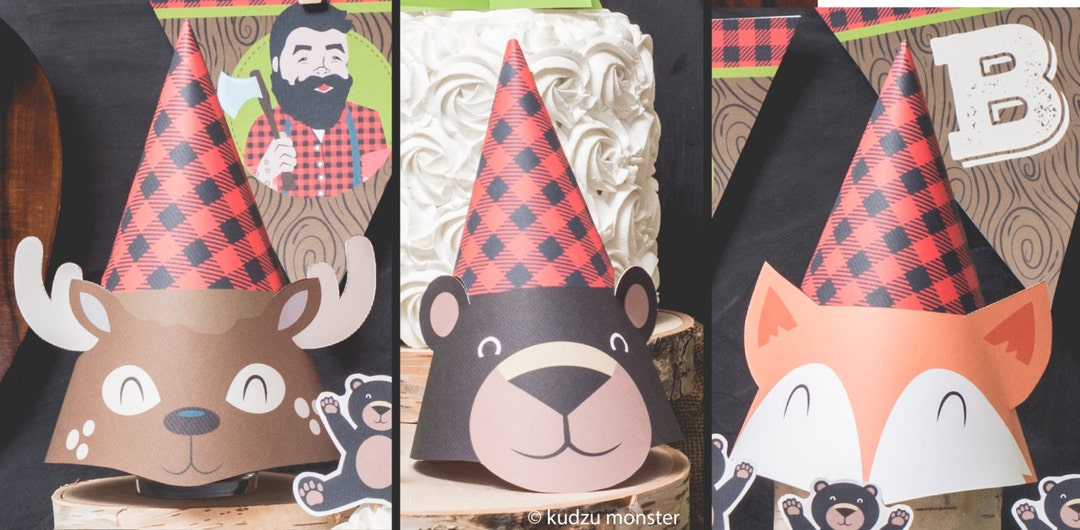 Woodland Plaid Lumberjack Party Hats Printable Instant Download 3 DIY ...
