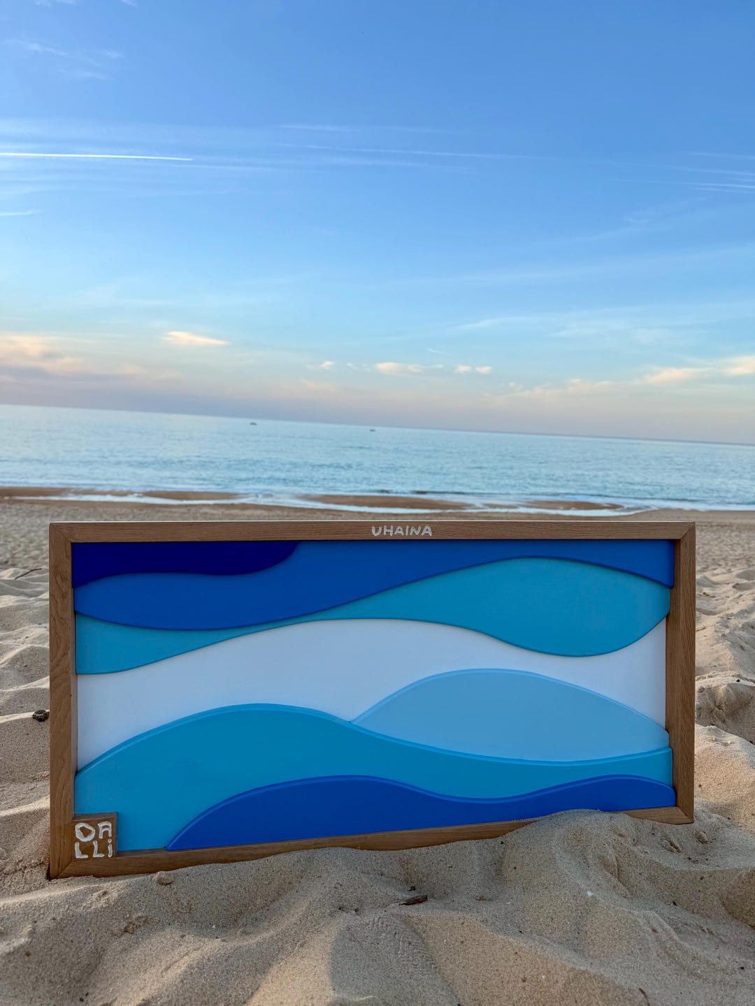 Tableau, cadre, relief, 3D, Bois massif, océan, bleu, vagues ...