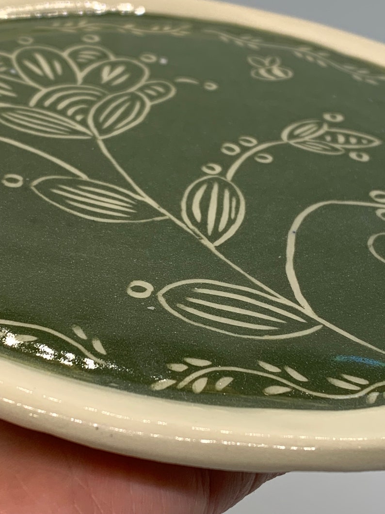 Green Flower W Bee Plate Hand Painted, Hand Built Slab Pottery L ...