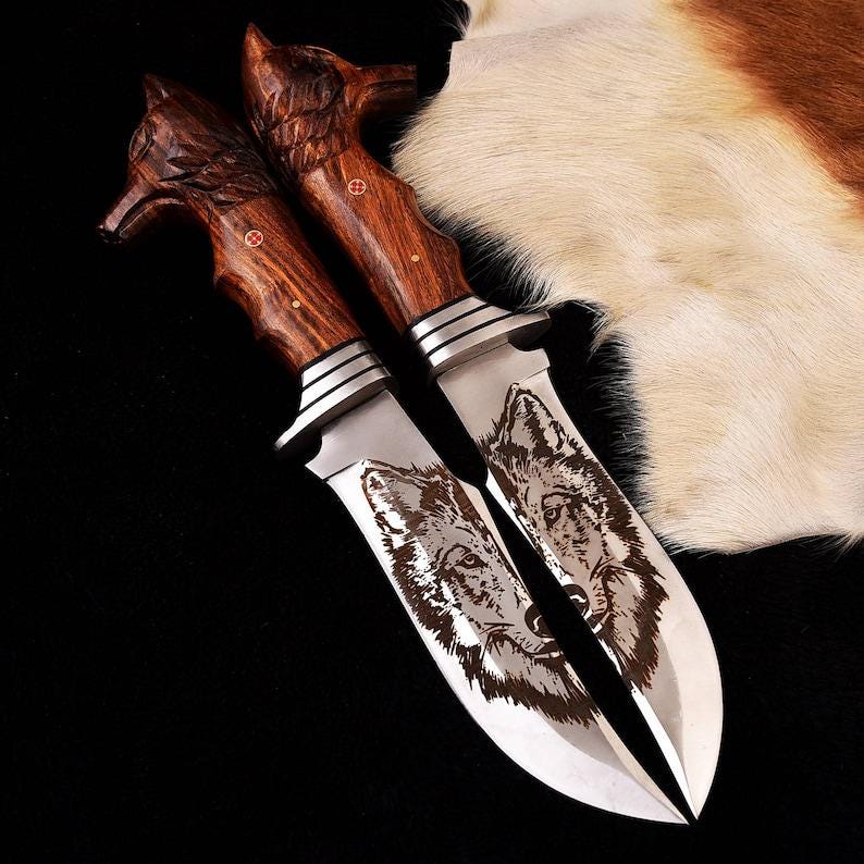 Pair of Wolf Head Camping Knives, Handmade Hunting Knife, Bushcraft ...