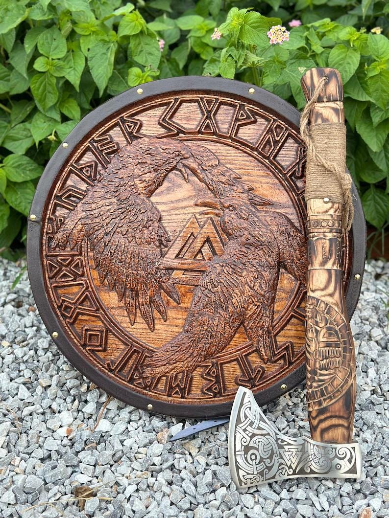 Custom Viking Raven Shield & Axe Set | Medieval Round Shield | Viking ...