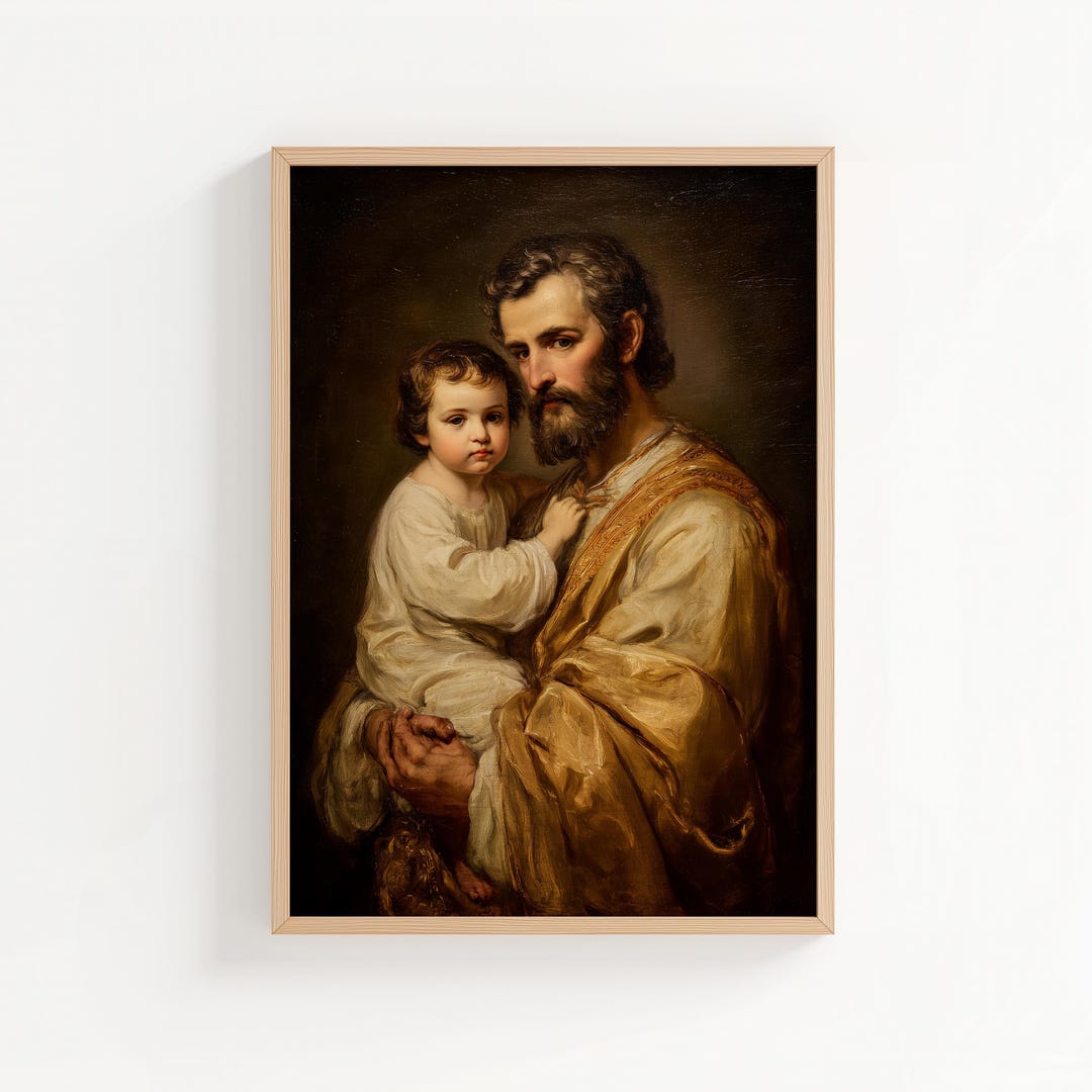 Saint Joseph Holding Jesus Oil Painting Print, Oil Paint Style ...