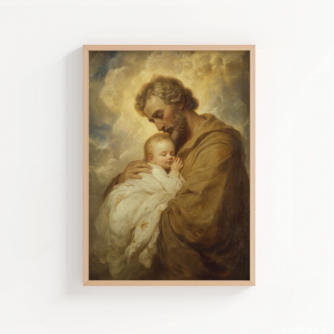 Saint Joseph Holding Baby Jesus Oil Painting Print, Oil Paint Style ...