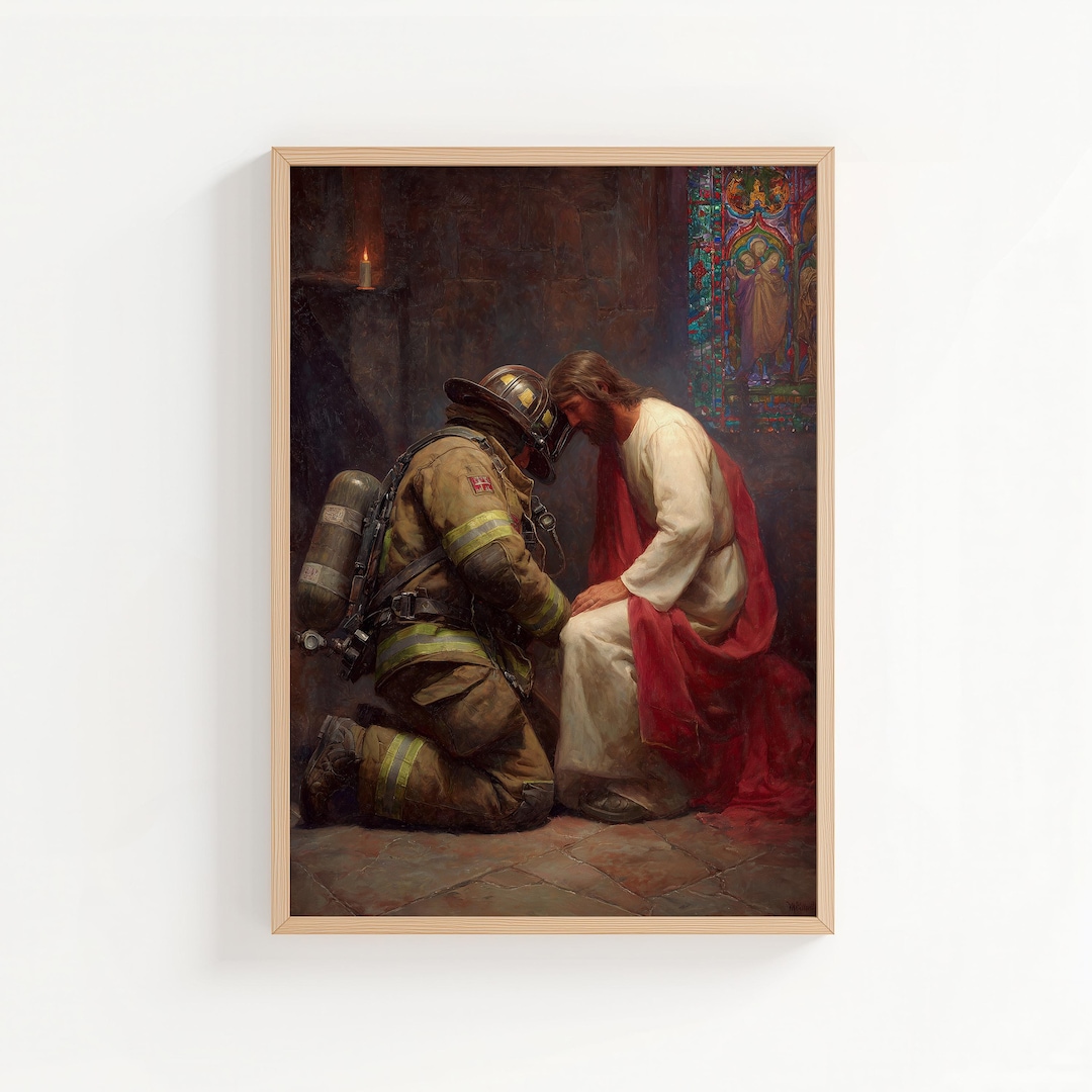 Jesus Praying With Firefighter in Church Oil Painting Print, Oil Paint ...