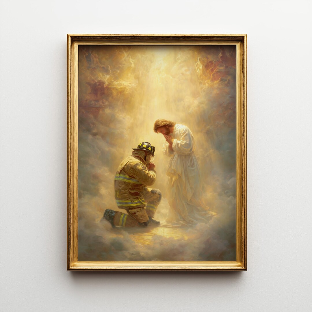 Jesus Praying With Firefighter Oil Painting Print, Oil Paint Style ...