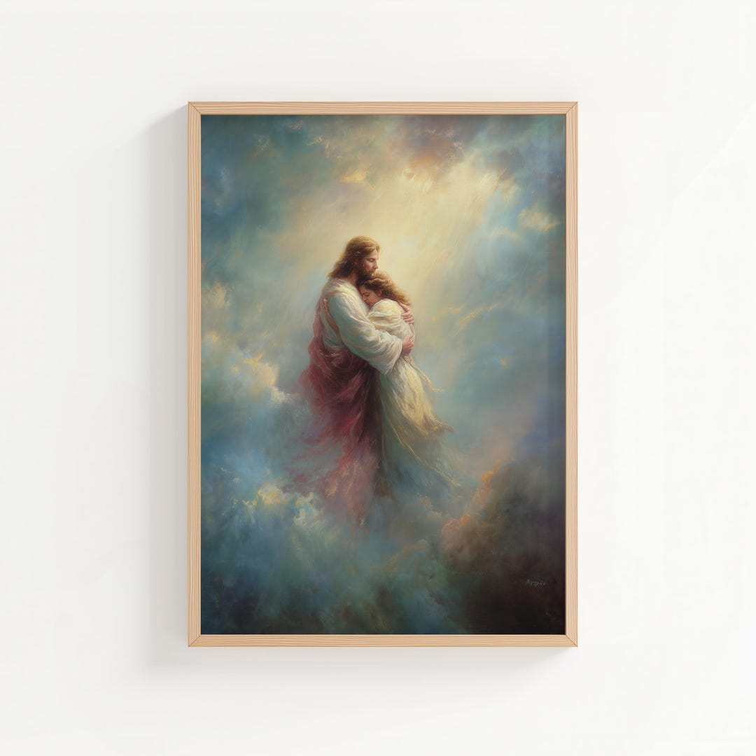 Jesus Embracing Crying Woman in Clouds Oil Painting Print, Heaven's ...