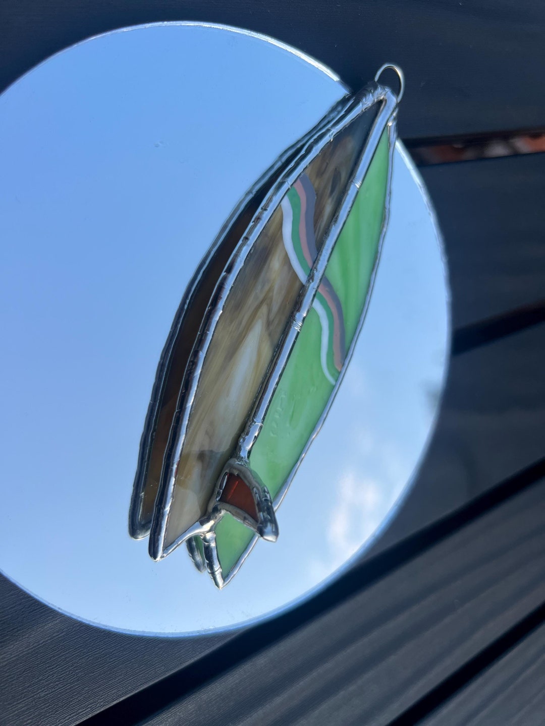 Stained Glass Surfboard Ornament Coastal Charm Brown and Green Tree ...