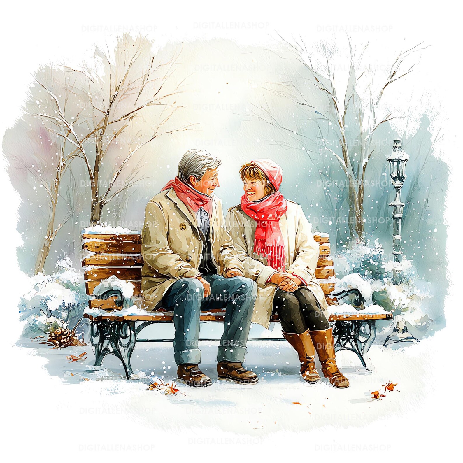 Winter Romance Clipart: Watercolor Elderly Couple Illustration (digital ...