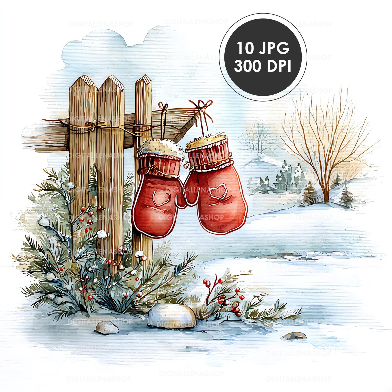 Winter Mittens Watercolor Clipart: Red Mittens on Fence (10 JPG Files ...