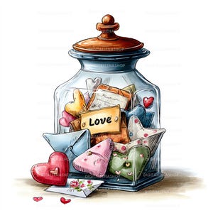 Valentine Hearts in Jar Watercolor Clipart: 16 JPG for Creating ...