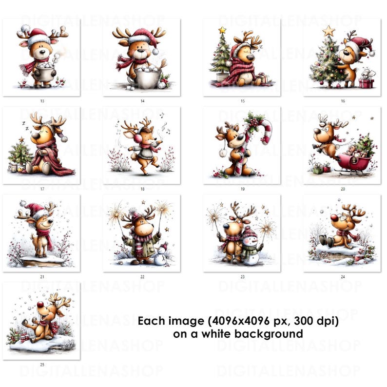 Watercolor Christmas Reindeer Clip Art: 25 Holiday JPG Images (digital ...