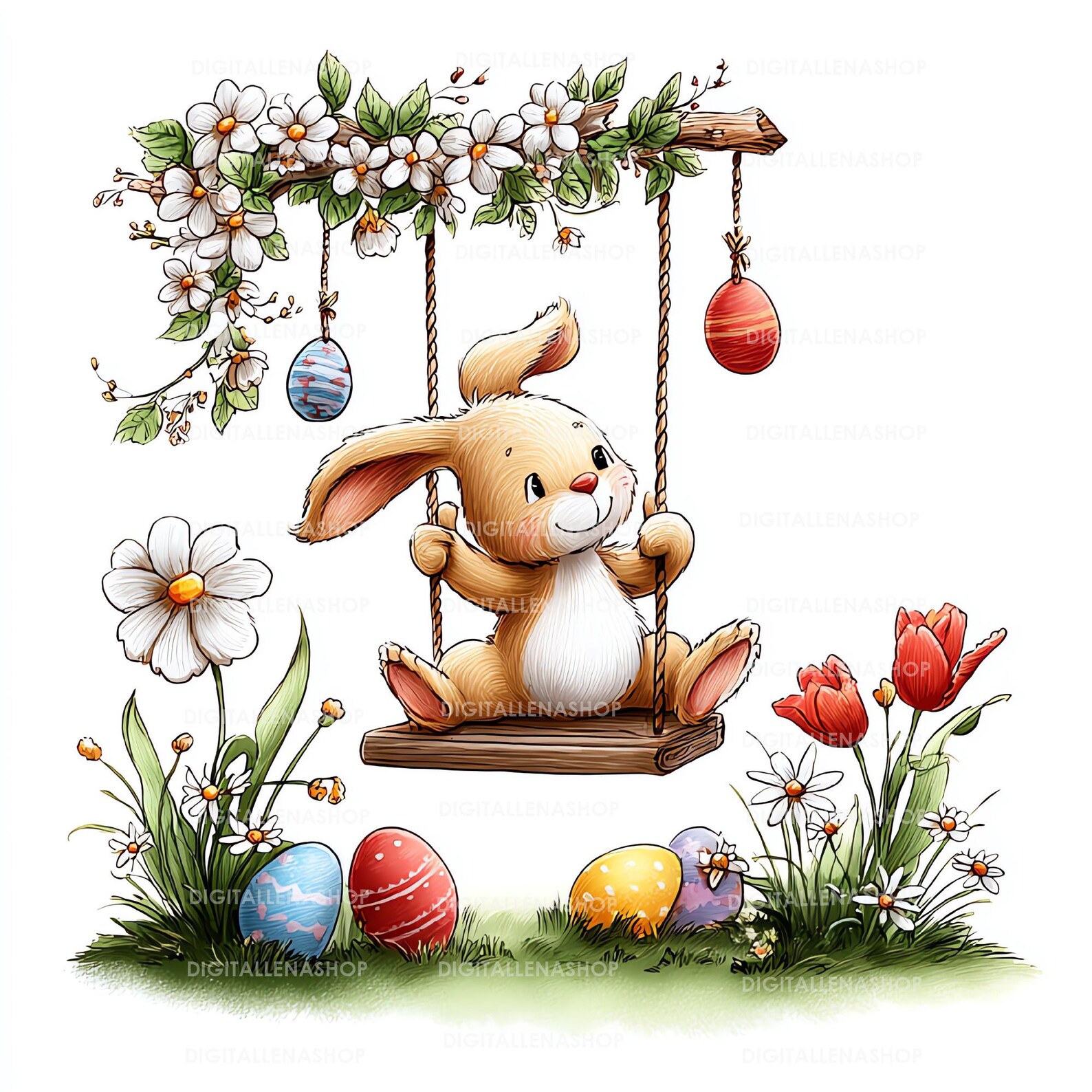 Watercolor Easter Bunny on a Swing Clipart | Baby Shower & Kids Decor ...