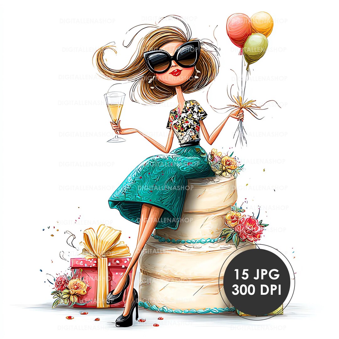 Whimsical Woman Birthday Watercolor Clipart | Feminine Party Decor ...