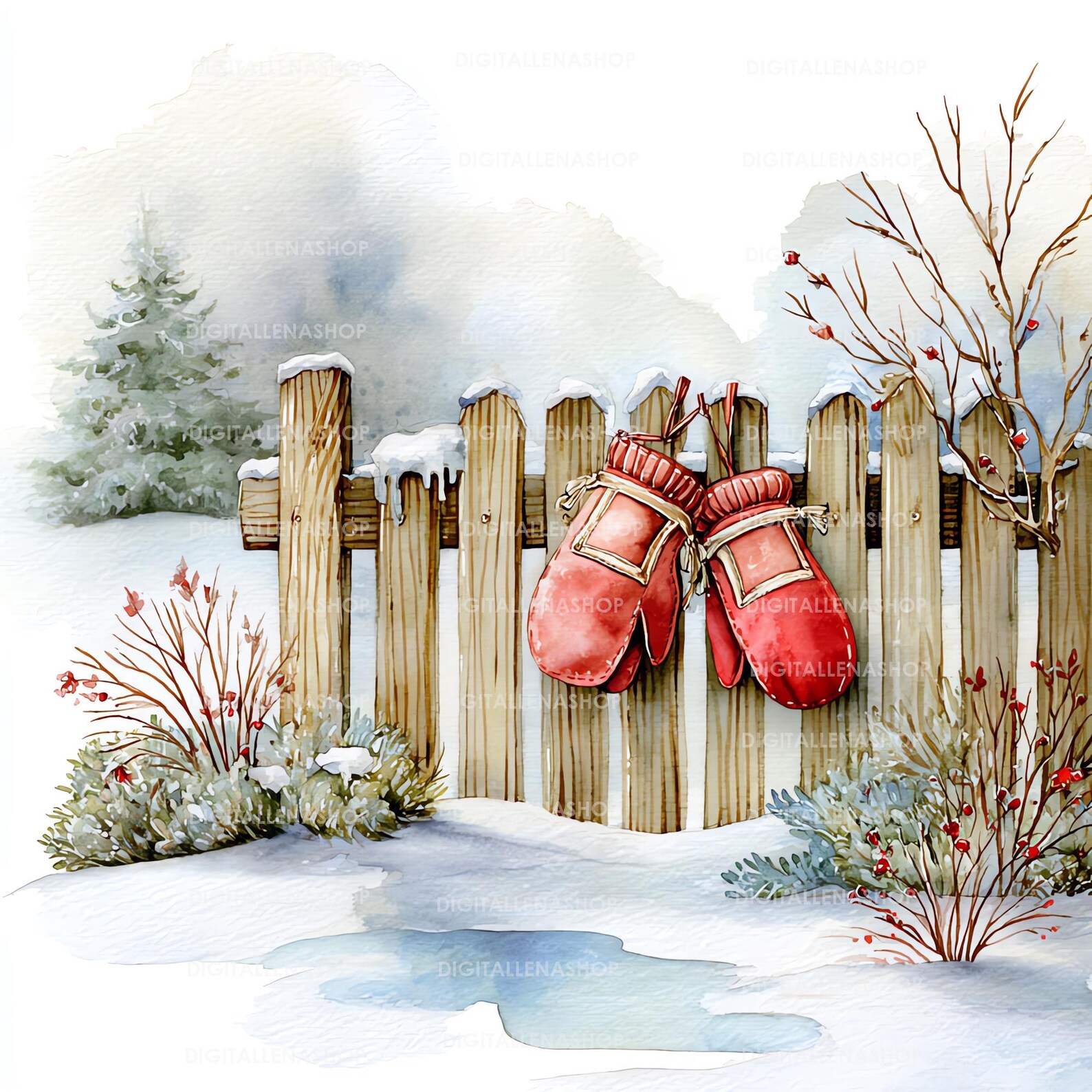 Winter Mittens Watercolor Clipart: Red Mittens on Fence (10 JPG Files ...