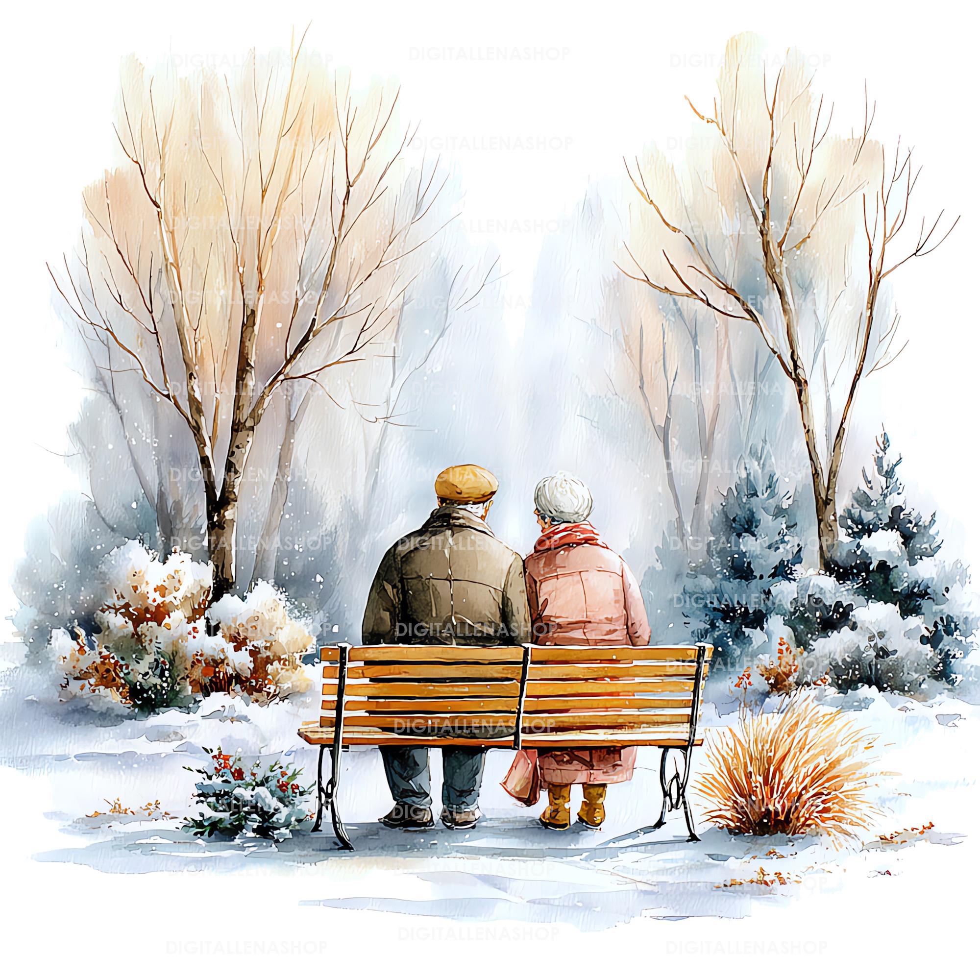 Winter Romance Clipart: Watercolor Elderly Couple Illustration (digital ...