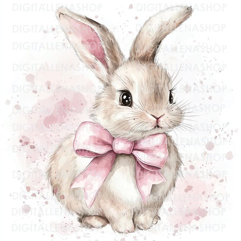 Cute Bunny With Bow Clipart Bundle JPG | Watercolor Rabbit Clipart ...