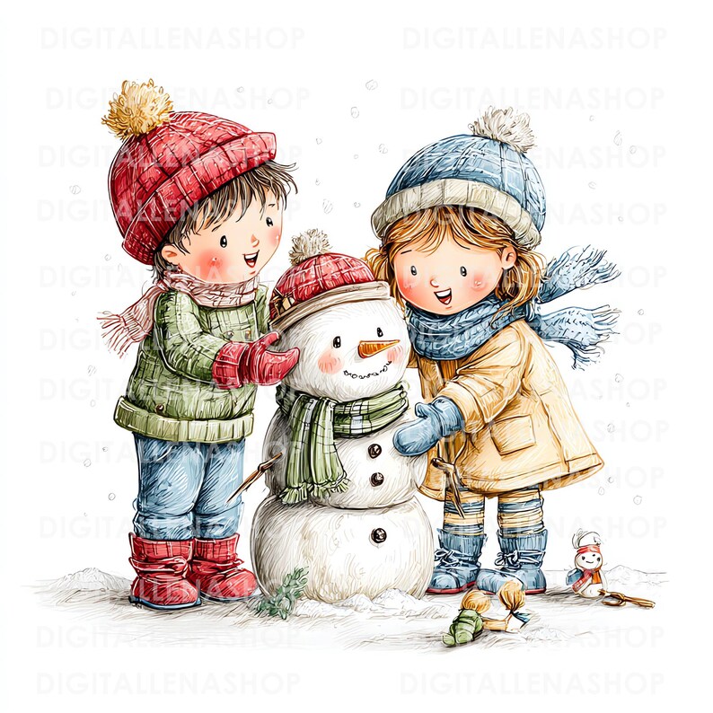 Children Making a Christmas Snowman Watercolor Clipart | Winter Holiday ...