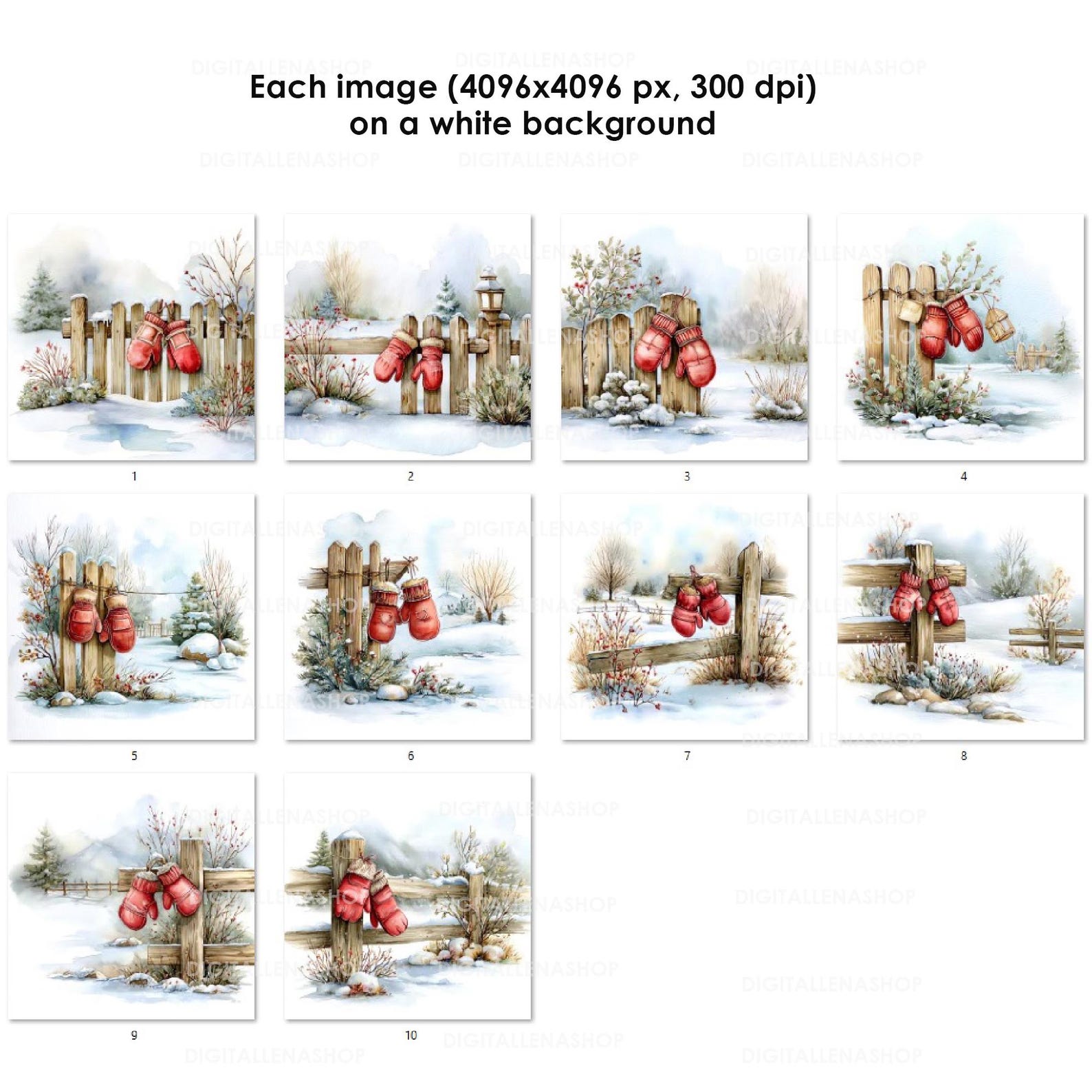 Winter Mittens Watercolor Clipart: Red Mittens on Fence (10 JPG Files ...