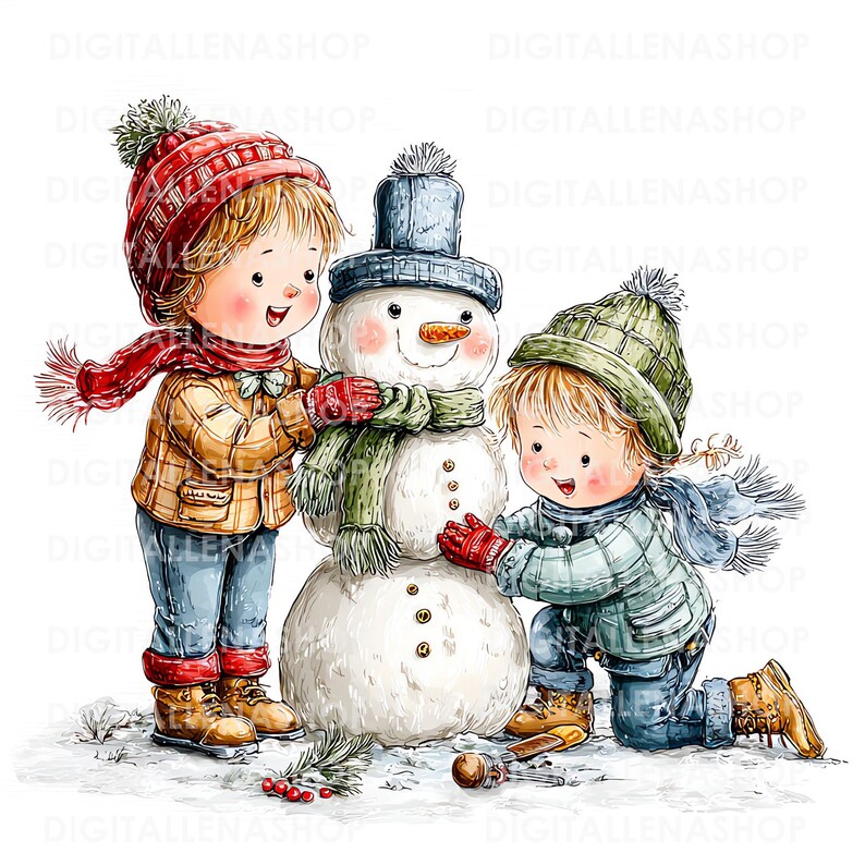 Children Making a Christmas Snowman Watercolor Clipart | Winter Holiday ...