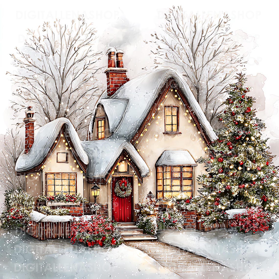 Watercolor Christmas Houses Clipart: Cozy Winter Holiday Illustrations ...