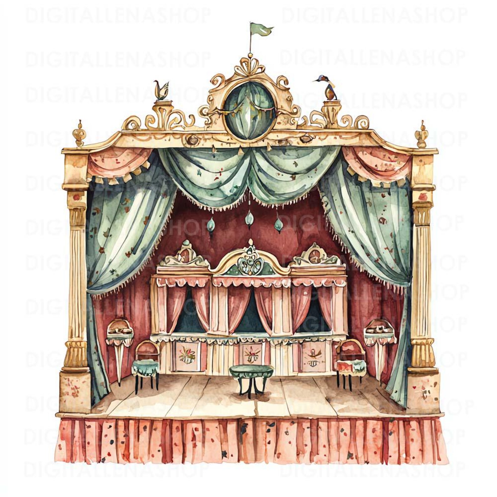 Victorian Puppet Theatre Stage Watercolor Clipart 12 JPG Files, Junk ...