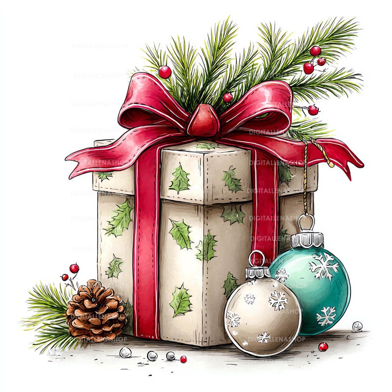 Watercolor Christmas Gift Box Clipart: Holiday Present Illustrations ...