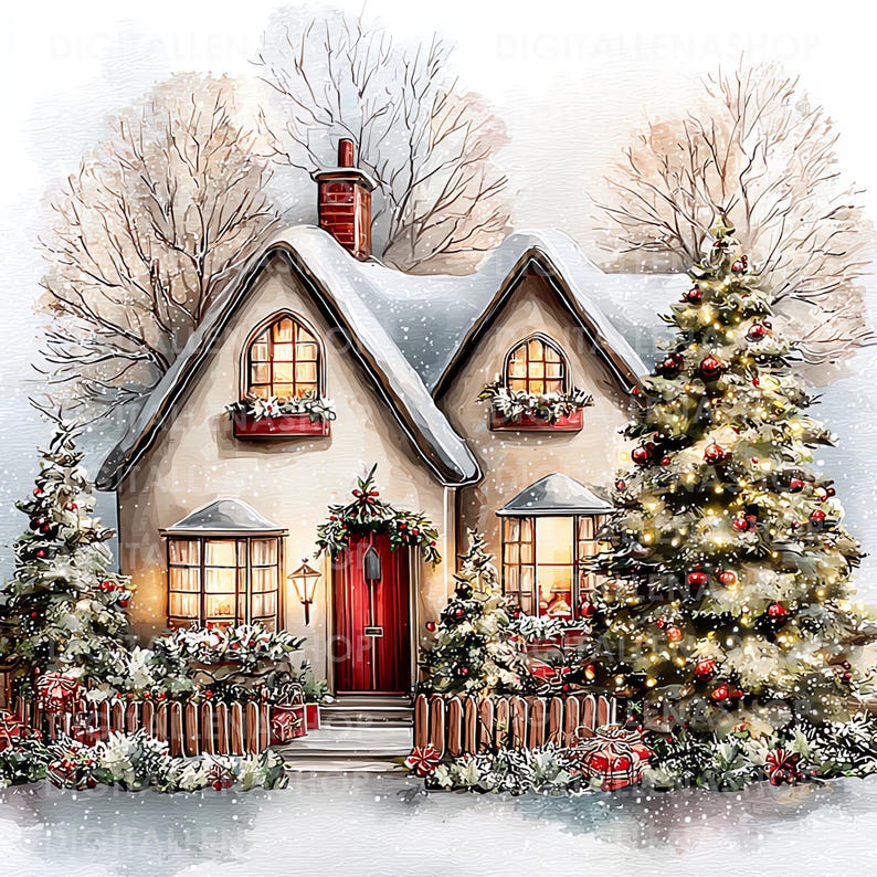 Watercolor Christmas Houses Clipart: Cozy Winter Holiday Illustrations ...