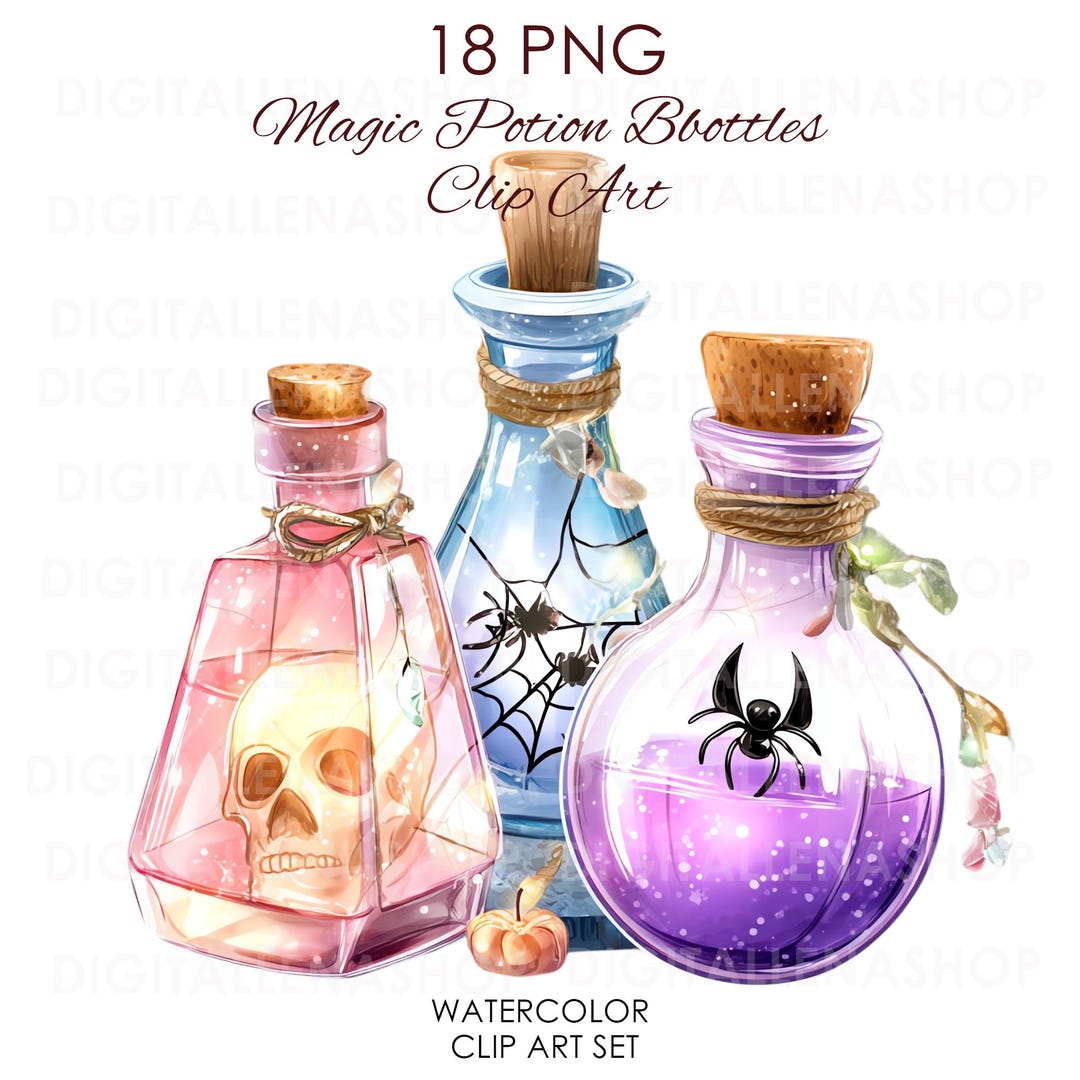 Watercolor Halloween Potion Bottle Clipart: Spooky Witchcraft Elixirs ...