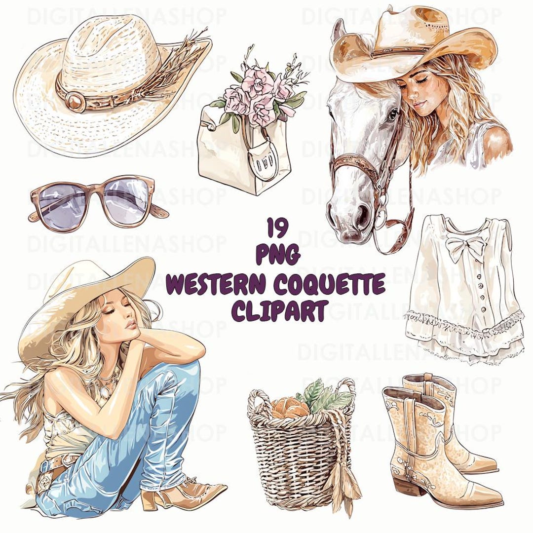 Western Cowgirl Clipart Bundle: Floral Hats & Boots (PNG Digital ...