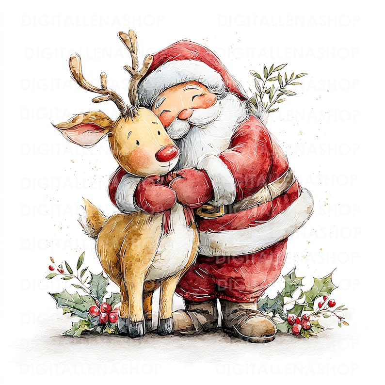 Watercolor Santa and Reindeer Clipart: Christmas Card Art (digital ...