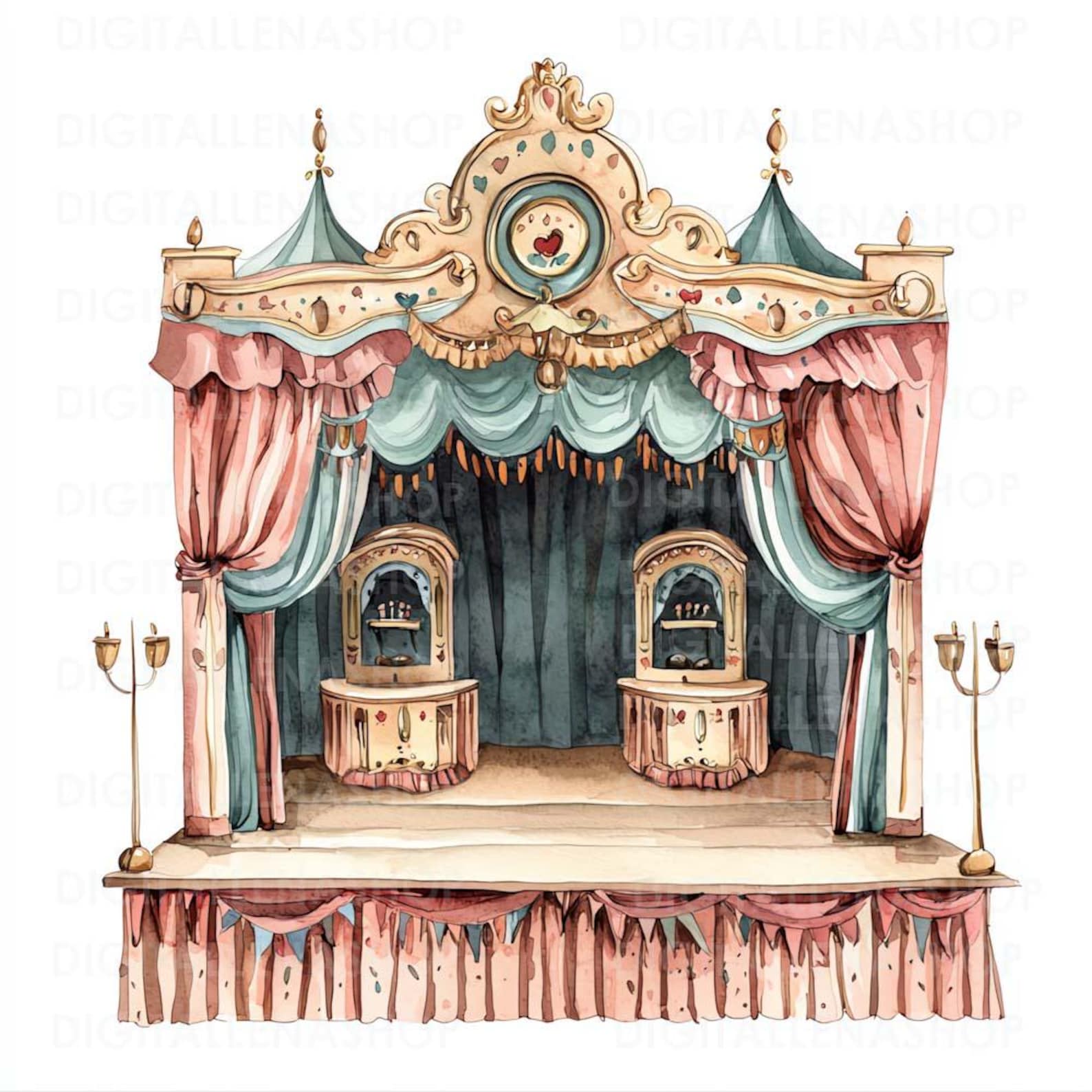 Victorian Puppet Theatre Stage Watercolor Clipart 12 JPG Files, Junk ...