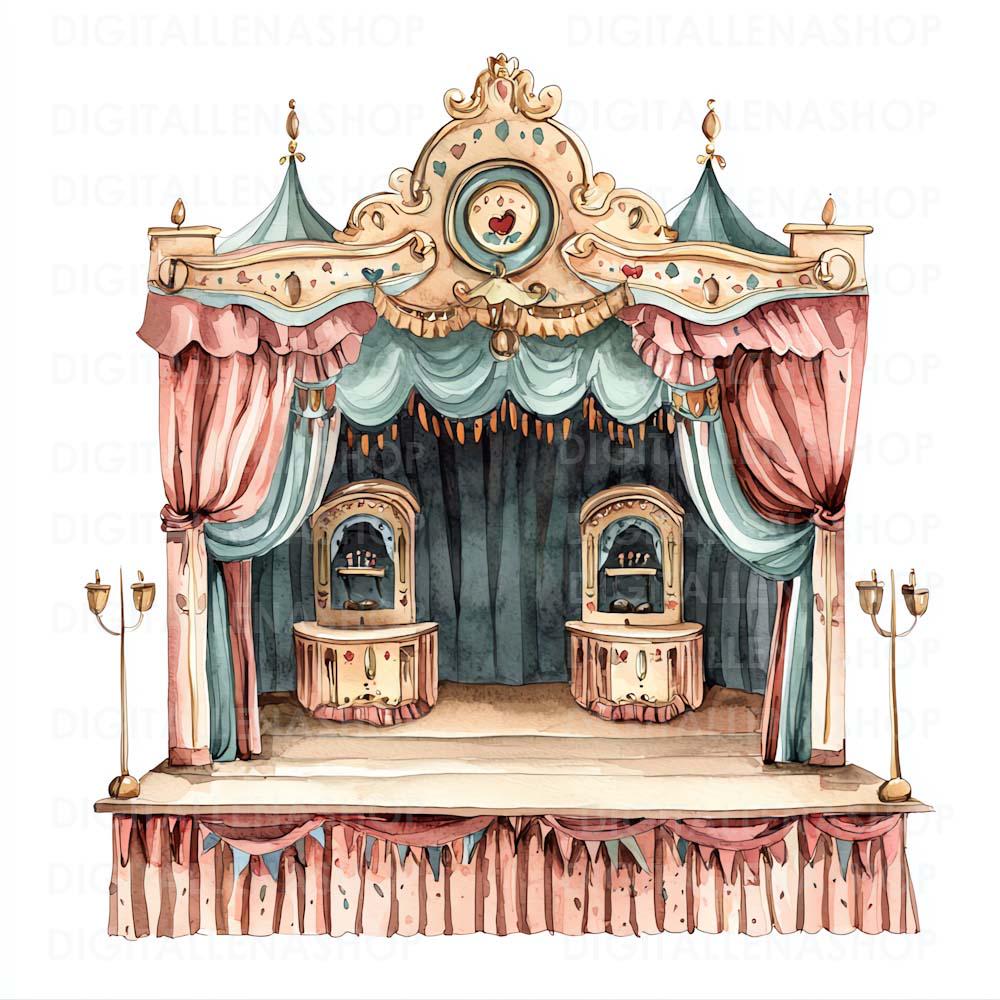 Victorian Puppet Theatre Stage Watercolor Clipart 12 JPG Files, Junk ...